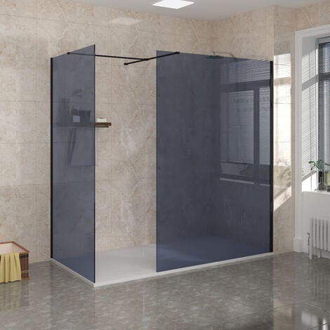 NRG Matt Black 8mm Walk in Shower Enclosure Wet Room Grey Glass Screen 2pieces 1200mm and 1200mm ...