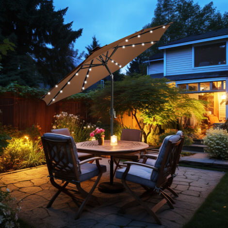 Patio Garden Parasol LED Lights Sun Shade Round Umbrella with Crank ...