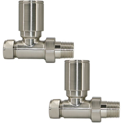 Designer Radiator Valves 15mm x 1/2" Satin Nickel Manual Straight Twin Pack