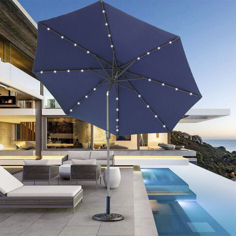 2.7M Garden Solar LED Parasol Sun Shade Patio Umbrella with Tilt Crank ...