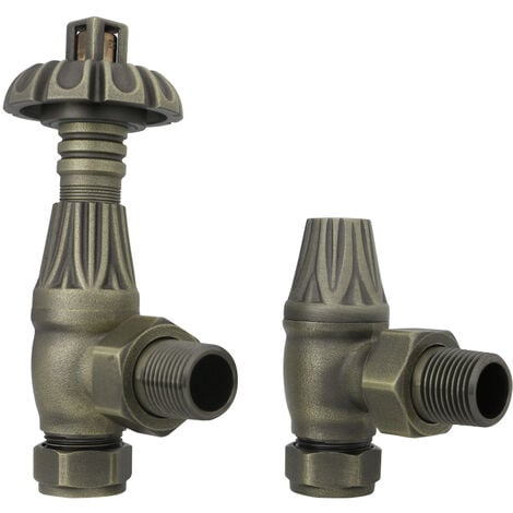 Thermostatic TRV Traditional Antique Brass Angled Radiator Rad Valves Pair