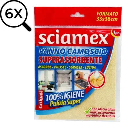 6x Panno Sciamex Camoscio 33x38cm Super Assorbente Lavabile Multiuso