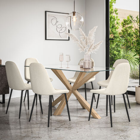 Etta Glass Dining Table And Chairs - Glass Top w Solid Oak Legs + Maya Boucle Dining Chair Set ...