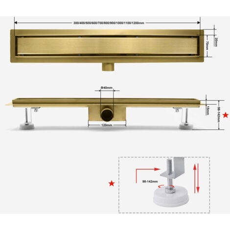 SaniteModar Caniveau de douche doré 60cm, Panneau 2 en 1, Caniveau de ...