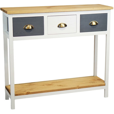 PATTY - Console 3 Tiroirs en Pin Teinté Gris et Blanc 2 Plateaux Naturel