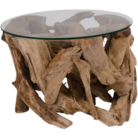 RAMA - Table Basse Ronde Ø60cm Teck Brut et Plateau Verre