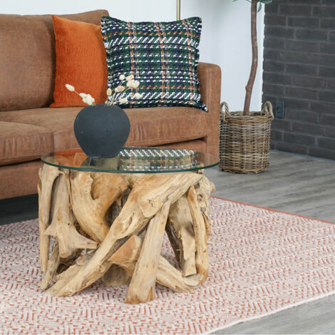 RAMA - Table Basse Ronde Ø60cm Teck Brut et Plateau Verre