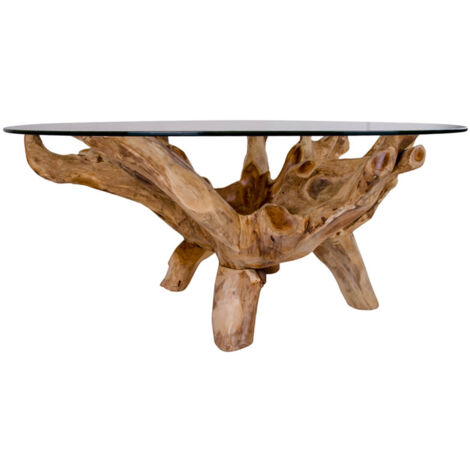 RAMA - Table Basse Ronde Ø110cm Teck Brut et Plateau Verre