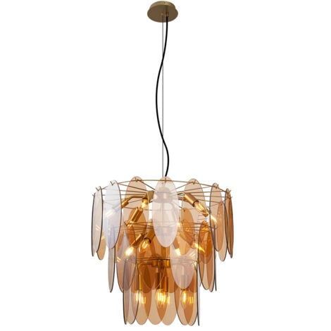 Art Deco Pendant Lamp Gold with Amber Glass Oval 14-Lights - Mochan