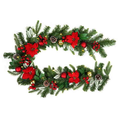 Festone Natalizio con Bacche Fiori Rossi e Pigne 20 Luci LED 180 cm Verde