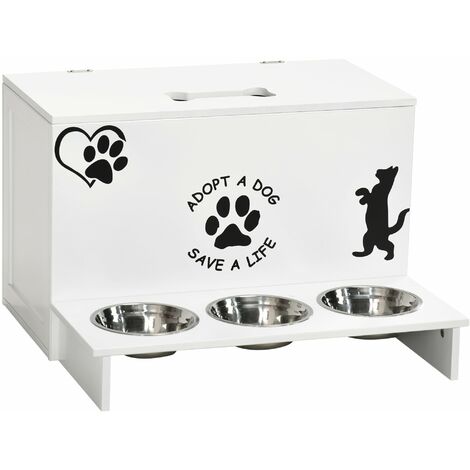 Set 3 Ciotole per Cani 500 ml 57x53x37,5 cm in MDF e Acciaio Inox Bianco