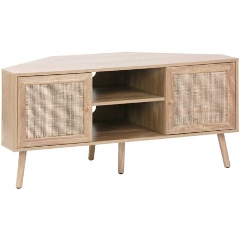 Wood and cane decor corner TV unit, 2 doors, 1 shelf, 115cm