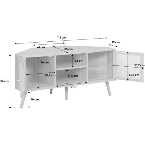 Wood and cane decor corner TV unit, 2 doors, 1 shelf, 115cm