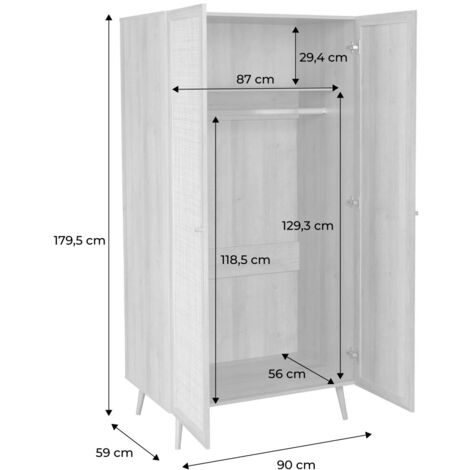2-door cane and wood effect wardrobe with shelves and rod - Height 179.5cm