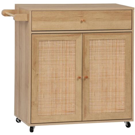 Bohemian kitchen cart wood and cane decor 1 handle 1 drawer 2 doors 4 ...