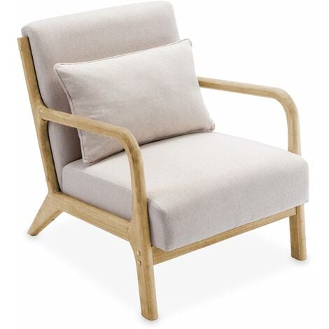 Scandi-style wooden armchair with cushion, Lorens, Beige, 65x80x79 cm
