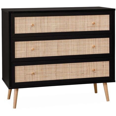 3-drawer chest with wood and cane effect, Boheme, Black, 90x39x79 cm