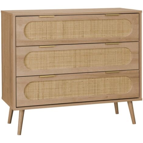 3-drawer chest with wood and rounded cane rattan, Eva, Natural, 90x39x79 cm