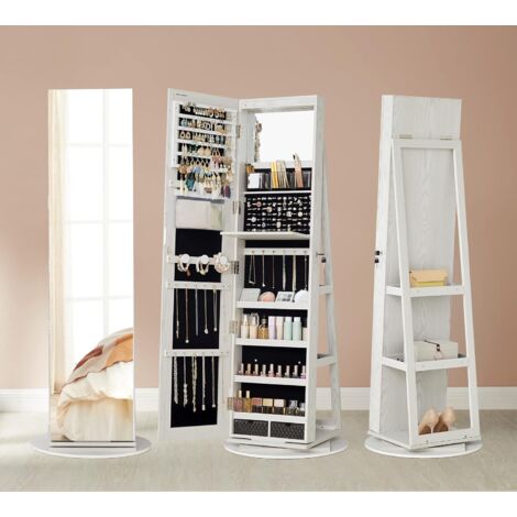 Espejo Joyero con 6 LEDs, Armario de Joyas de Giro de 360°, Organizador ...