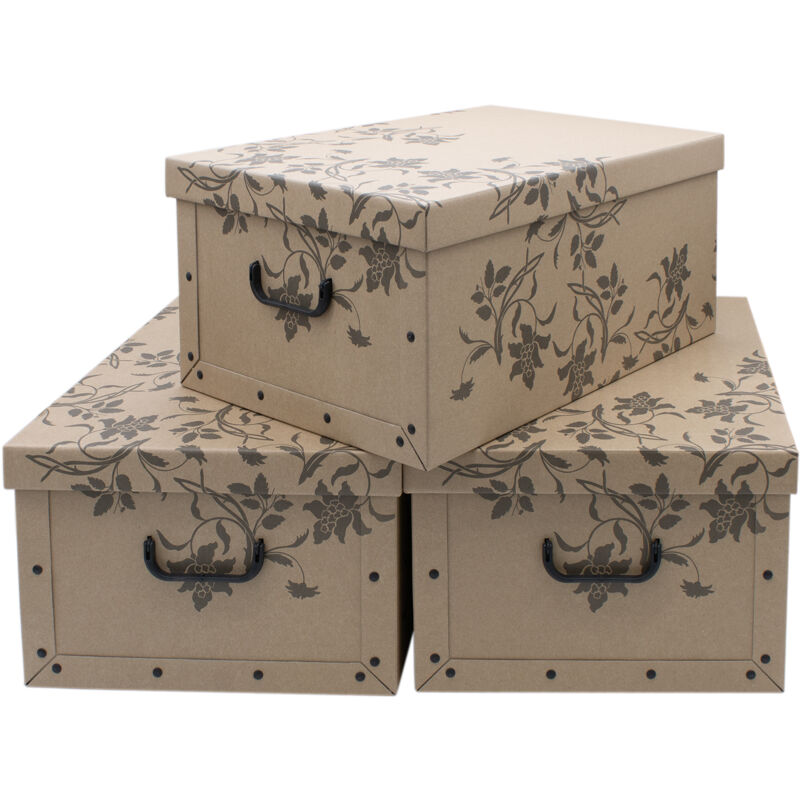3er Set Aufbewahrungsbox mit Deckel 51 x 37 cm - Braun mit Blumenmuster ...