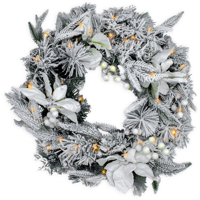 LED Tannenkranz mit Schnee und Blumen warm weiß beleuchtet - 51 cm mit 35 LED - Weihnachtskranz ...