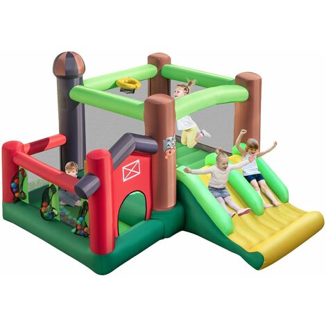 COSTWAY Inflatable Bounce House Farm Themed 6 in 1 Inflatable Castle w Slides