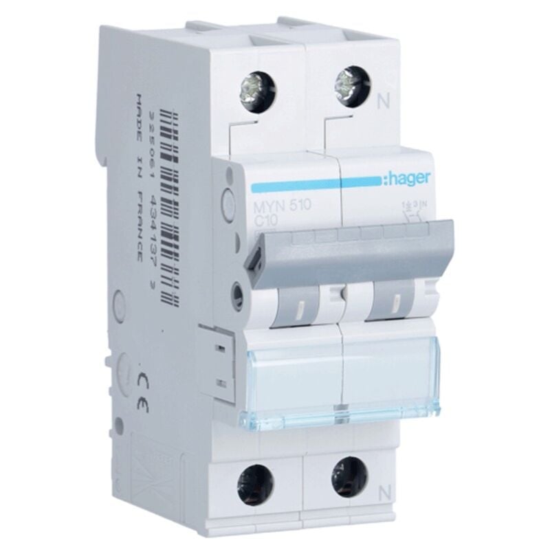 Interrupteur magnétothermique Hager 1P+N 10A 4.5 KA C 2 modules MYN510 - HAG MYN510