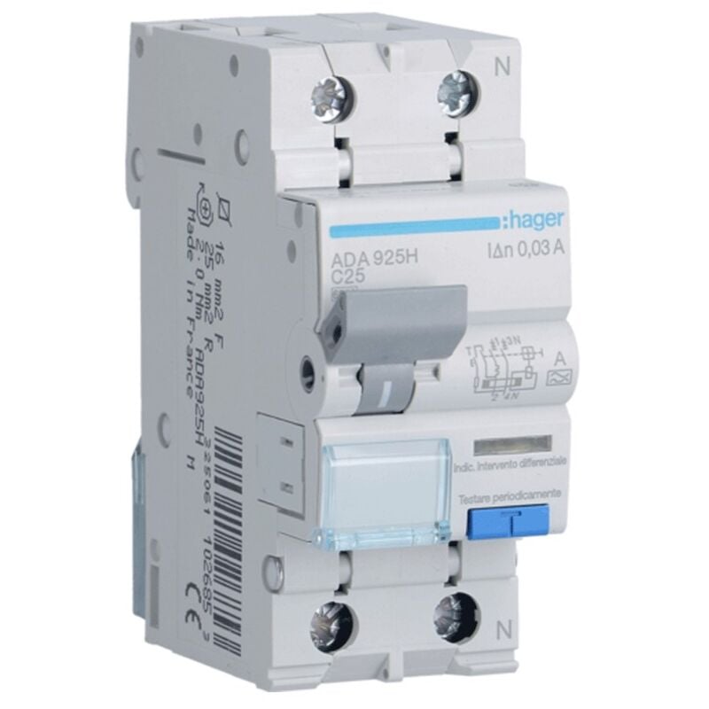 Interruttore Differenziale Magnetotermico Hager 1P+N 30MA 25A ADA925H - hagada925h