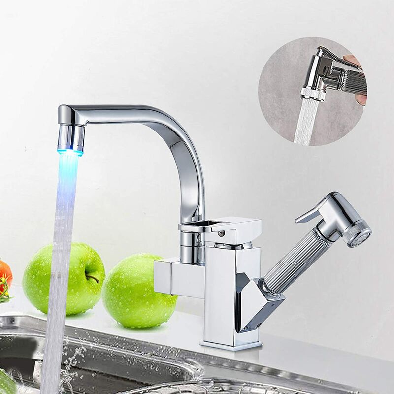 Led Kitchen Sink Tap With Pull Out Hand Spray Brass Chrome Polished ...