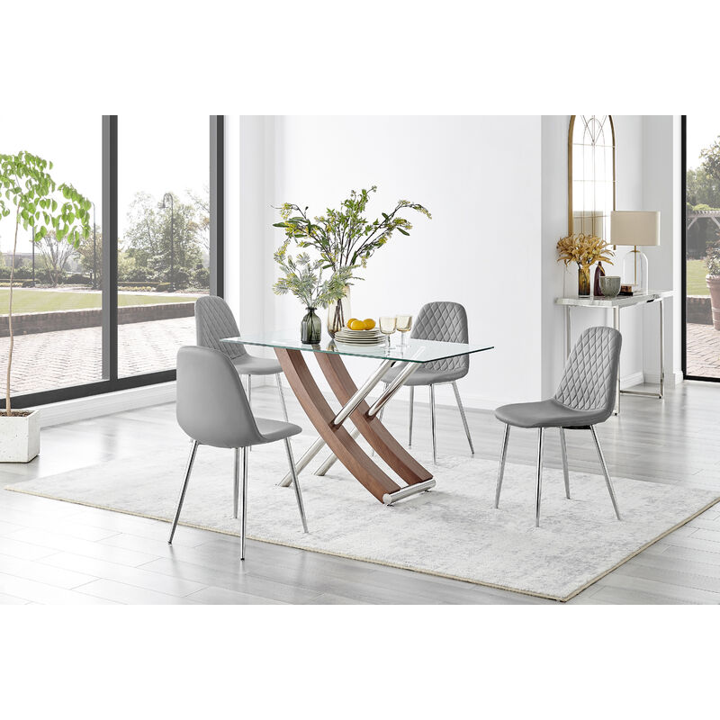 Furniturebox Mayfair Glass Brown Wood Effect 4 Seat Dining Table 4 Grey Corona Faux