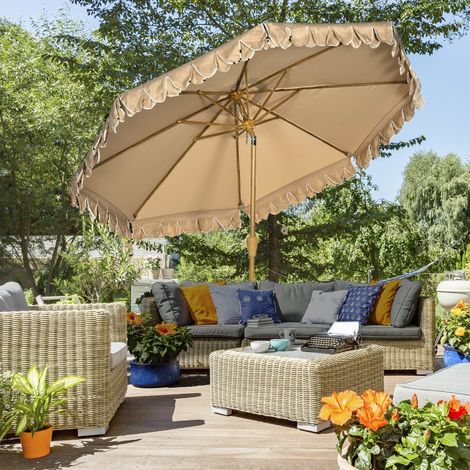 Parasol inclinable rond Ø 264 cm avec volants tissu polyester haute ...