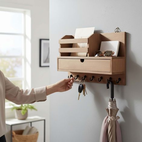 Relaxdays Key Rack with Drawer & Shelf, Wall-mounted Organiser, 7 Hooks ...