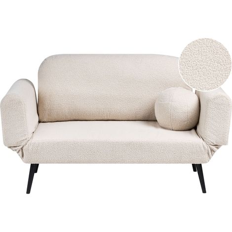 Sofa Bed Off-White Boucle Iron with a Sleeping Function Round Cushion ...