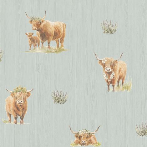 Blue Wallpaper Highland Cows Country Farmhouse Animal Woodgrain Paper Decor