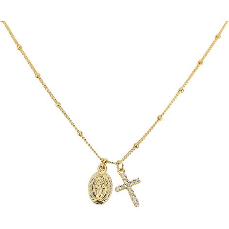 Collana con la Vergine Maria in ottone placcato oro, collana con croce ...