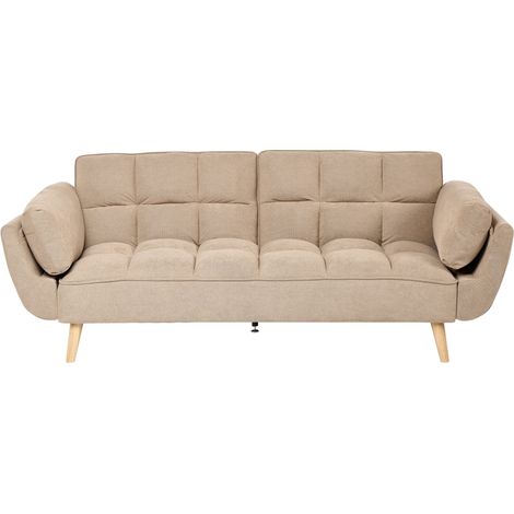 Sofa Bed Light Brown Fabric 3 Seater Wooden Legs Foam Filling Split ...