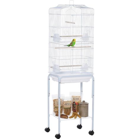 Cage à oiseaux avec support, cage en métal à roulettes, plateau et ...