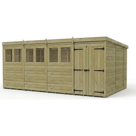 16ft x 10ft Pent Garden Shed Double Door With Windows - Pressure ...