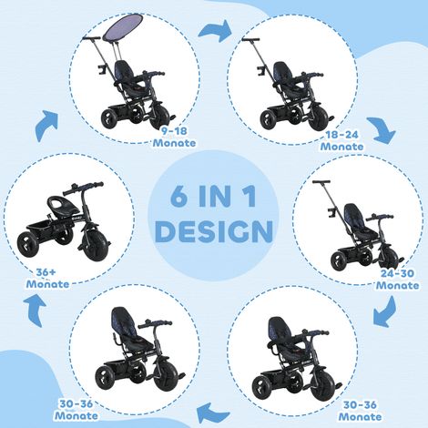 Tricycle bébé 6 fonctions avec poussette, auvent, harnais et panier ...