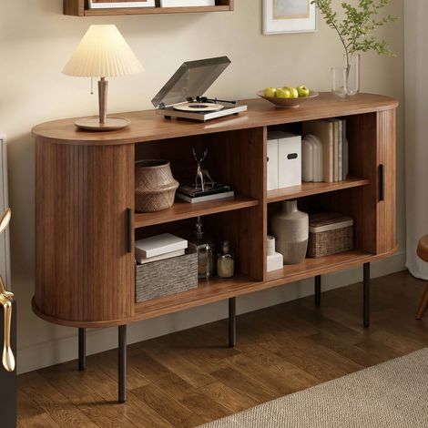 Buffet en MDF noyer 140 x 40 x 78 cm avec portes coulissantes à rideau ...