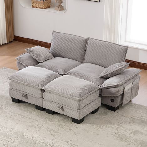 Canapé 2 places modular aus Cord Hellgrau 190x132x84 cm mit 2 Hockern ...