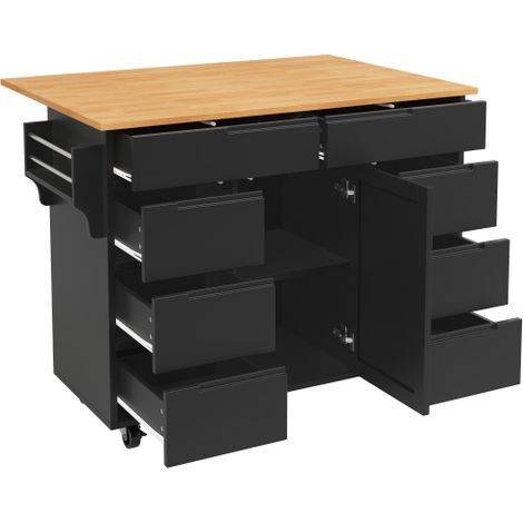 Îlot cuisine roulant extensible, 8 tiroirs, étagère épices, noir