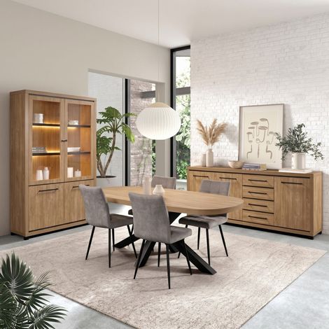 Séjour complet table + buffet + vitrine aspect bois finition Houston ...
