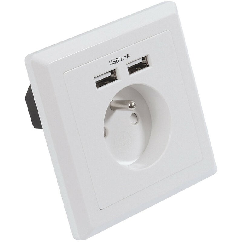Prise encastrable 16A T + 2 chargeurs USB Blanc