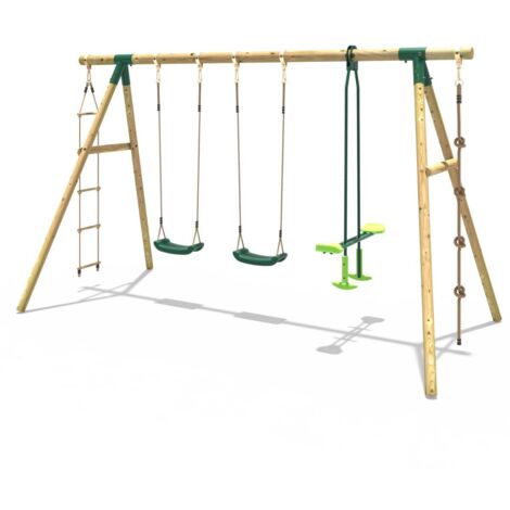 Rebo Wooden Garden Swing Set with 2 Swings and Trapeze Bar - Comet Green