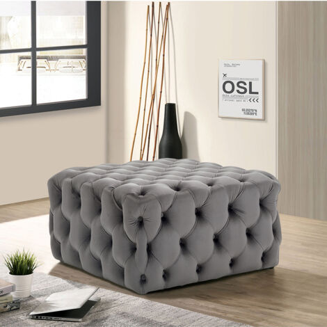 Grey Velvet Buttoned Tufted Footstool 62cm x 62cm x 40cm